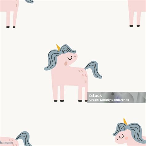 파스텔 배경에 귀여운 핑크 유니콘이 있는 매끄러운 패턴 직물 포장 용지 엽서에 인쇄를위한 벡터 그림 귀여운 아이들의 배경 0명에