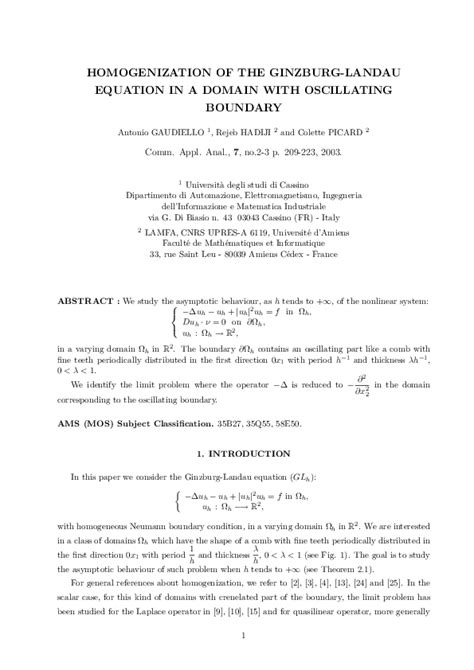 Pdf Homogenization Of The Ginzburg Landau Equation In A Domain With Oscillating Boundary