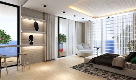 Стильный интерьер спальни с панорамными окнами с видом на море