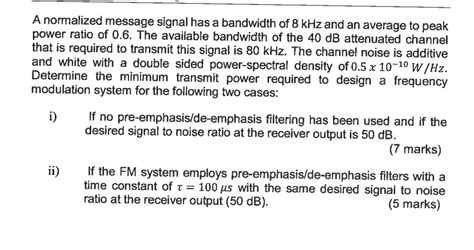 Solved A Normalized Message Signal Has A Bandwidth Of 8 Khz
