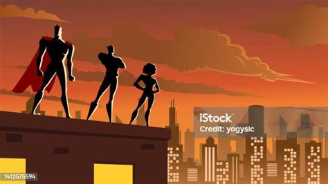 벡터 슈퍼 히어로 트리오 실루엣 도시 스톡 일러스트 레이 션 3 명에 대한 스톡 벡터 아트 및 기타 이미지 3 명 고층