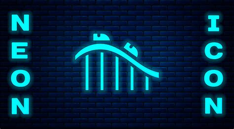 벽돌 벽 배경에 고립 된 빛나는 네온 롤러 코스터 아이콘 놀이 공원 어린이 엔터테인먼트 놀이터 레크리에이션 공원 벡터 Carnival에 대한 스톡 벡터 아트 및 기타 이미지