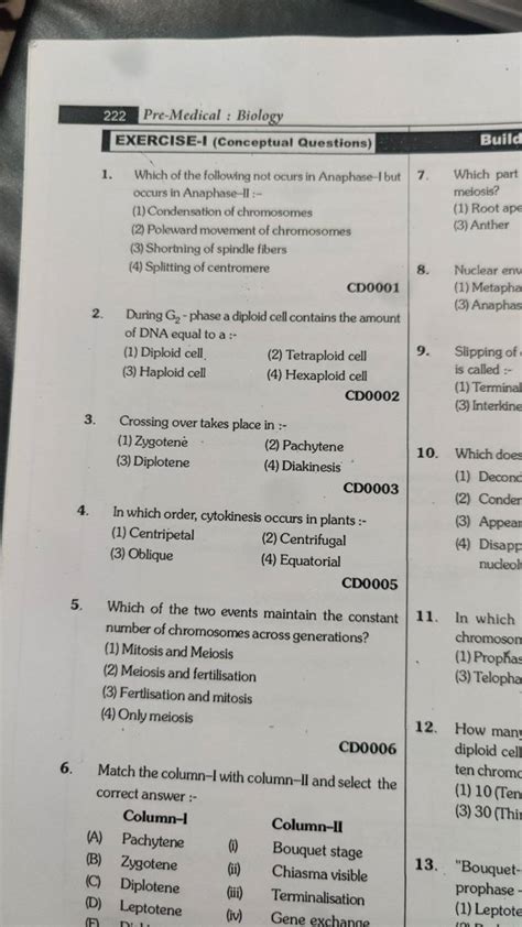 222 Pre Medical Biology Exercise I Conceptual Questions 1 Which Of T