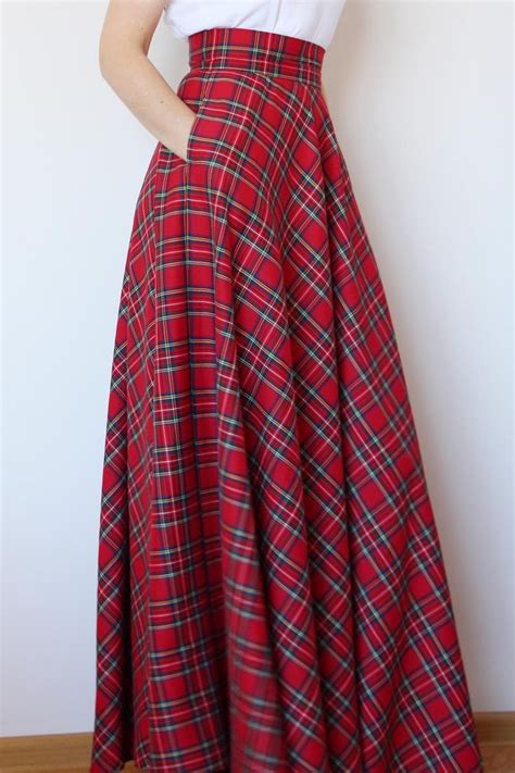 Red Tartan Maxi Skirt Red Plaid Maxi Skirt Red Maxi Skirt With Pockets
