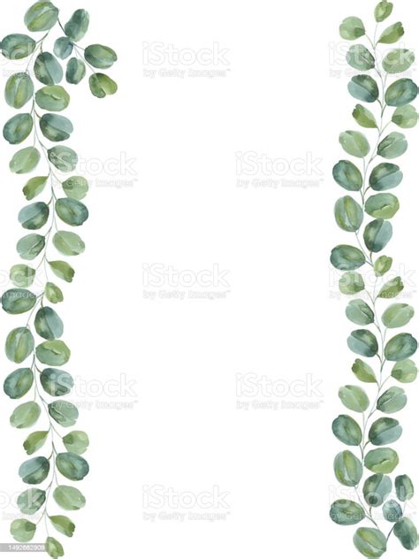 수채화 유칼립투스 초대장 서식 파일입니다 수채화 녹색 식물 프레임입니다 녹색의 우아한 나뭇가지가 있는 꽃무늬 테두리 프레임 세로 배너 겨울에 대한 스톡 벡터 아트 및 기타