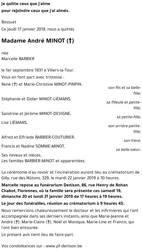 Avis De Décès De Marcelle Barbier Décédé Le 17 01 2019 à Isnes Annonce Condoléances Fleurs