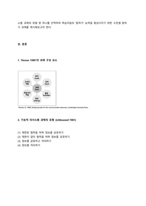 성적 A 말하기 과제의 유형 중 하나를 선택하여 초중고급 학습자를 위한 말하기 과제를 각 하나씩 제시하되 Nunan 1980의 과제 구성 요소와 그 예를 활용하여 같은