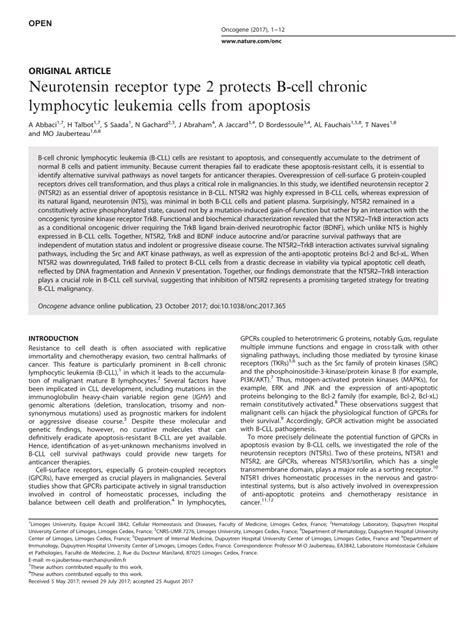 PDF Neurotensin Receptor Type Protects B Cell Chronic Lymphocytic Leukemia Cells From Apoptosis