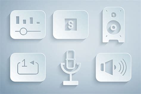 마이크 스테레오 스피커 반복 트랙 음악 플레이어 스피커 볼륨 미디어 중지 버튼 및 음악 이퀄라이저 아이콘을 설정합니다 벡터 3차원 형태에 대한 스톡 벡터 아트 및 기타