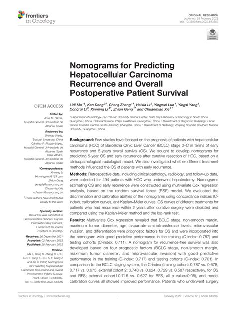 Pdf Nomograms For Predicting Hepatocellular Carcinoma Recurrence And Overall Postoperative