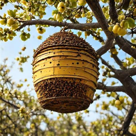 A Honey Beehive Hanging From A Tree With The Words Bees On It Premium