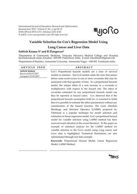 Pdf Variable Selection For Coxs Regression Model Using Lung Cancer