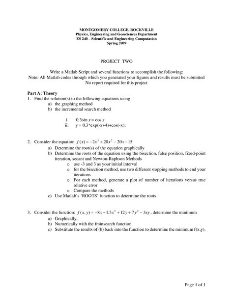 Matlab Script For Project 2 Computer Science And Engineering Es 240 Docsity