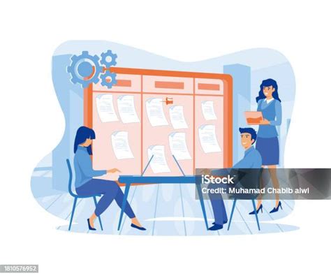 프로그래머의 민첩한 비즈니스 팀이 스크럼 보드에서 몇 가지 계획을 세우고 있습니다 화이트보드 및 프로세스 팀워크 계획 방법론