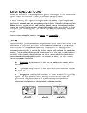 Lab IGNEOUS ROCKS Reading Docx Lab IGNEOUS ROCKS For This Lab We Will Work On