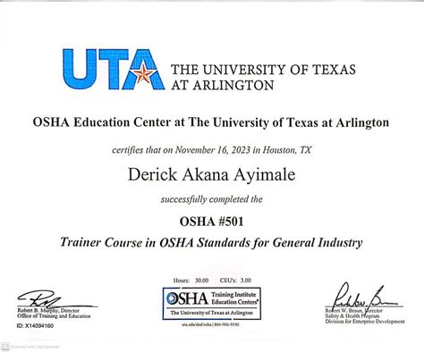 Continuous Learning Certification Uta Osha 501 Derick Akana Ssh Csho Shep