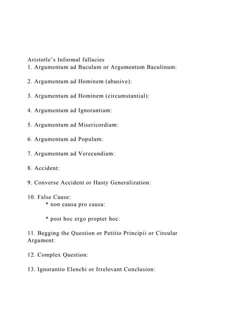 Aristotles Informal Fallacies 1 Argumentum Ad Baculum Or Docx