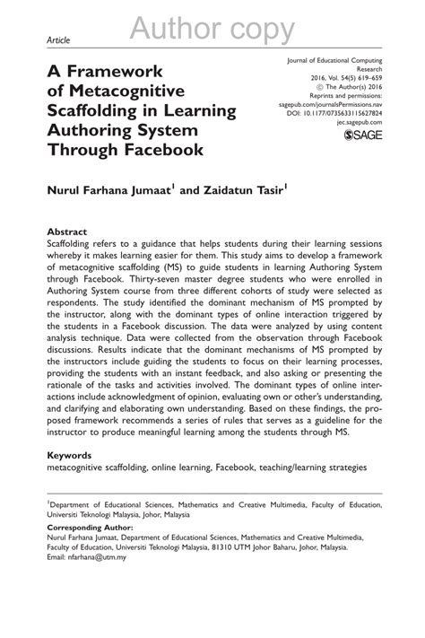 Pdf A Framework Of Metacognitive Scaffolding In Learning Authoring System Through Facebook