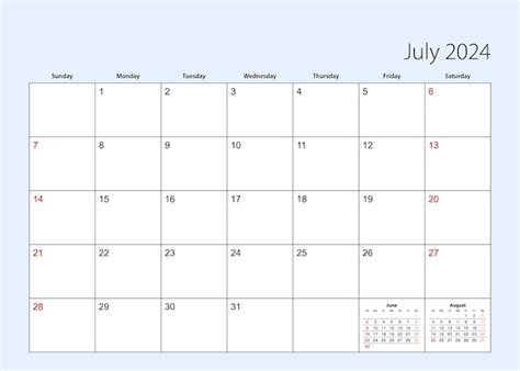 2024년 7월 영어 주간의 월 캘린더 플래너는 일요일부터 시작됩니다 프리미엄 벡터