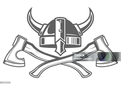 뿔이 달린 바이킹 헬멧과 두 개의 교차 된 야만인 축 스칸디나비아 전사 갑옷 벡터 야만인에 대한 스톡 벡터 아트 및 기타 이미지 야만인 기사 사람의 역할 도끼
