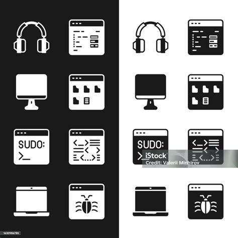 브라우저 파일 컴퓨터 모니터 화면 헤드폰 소프트웨어 코드 터미널 시스템 버그 및 노트북 아이콘을 설정합니다 벡터 개발에 대한 스톡 벡터 아트 및 기타 이미지 Istock
