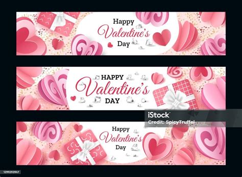 발렌타인 데이 배너 현실적인 로맨틱 초대 장 또는 인사말 카드 종이 컷 하트와 다이아몬드 선물용 색종이와 상자 축하 텍스트 벡터