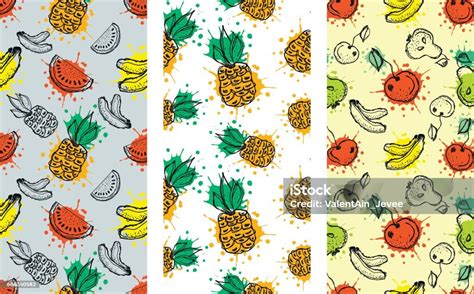 원활한 벡터 패턴의 집합입니다 손으로 그린 화려한 체리 사과 배 수 박 석류 바나나 베리 스플래시와 드롭 선 그리기 딸기의 과일 그림 0명에 대한 스톡 벡터 아트 및 기타