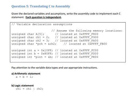 question 5 translating c to assembly iven the