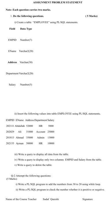 Solved Assignment Problem Statement Note Each Question