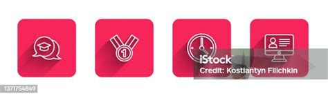 긴 그림자와 음성 거품 메달 시계및 온라인 클래스에 세트 라인 졸업 모자를 설정합니다 빨간색 사각형 버튼입니다 벡터 1에 대한 스톡 벡터 아트 및 기타 이미지 Istock