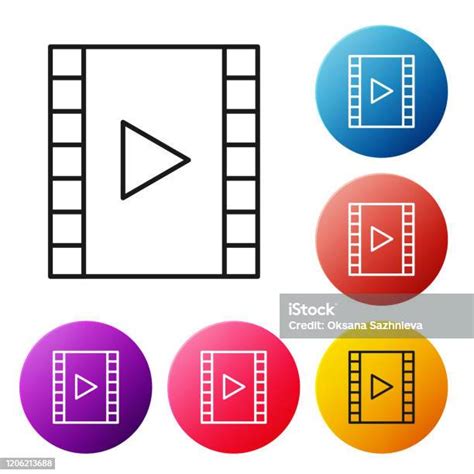 검은 선 흰색 배경에 격리 된 비디오 아이콘을 재생합니다 재생 기호와 필름 스트립 아이콘 다채로운 원 버튼을 설정합니다 벡터 일러스트레이션 감독에 대한 스톡 벡터 아트 및