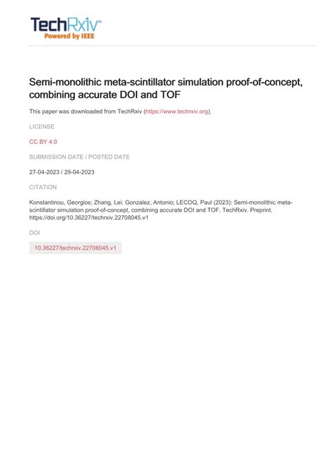 Pdf Semi Monolithic Meta Scintillator Simulation Proof Of Concept Combining Accurate Doi And Tof