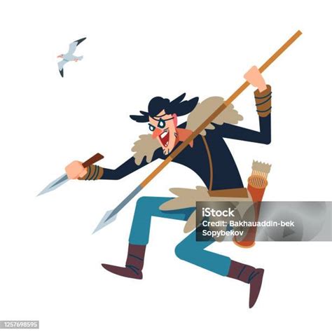 바이킹 미친 Wiry 긴 바이킹 전사 창과 위에서 단검 공격 평평한 인간의 성격으로 디자인 개념 만화 벡터 일러스트레이션 바이킹에 대한 스톡 벡터 아트 및 기타 이미지