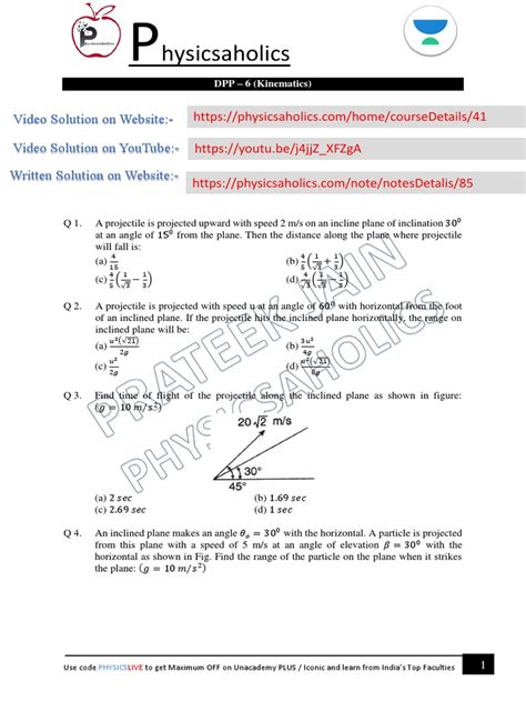 uploads1655275654dpp 6 kinematics projectile motion on inclined plane