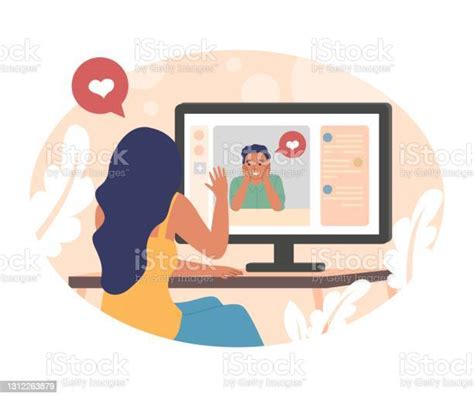 행복한 커플 회의 온라인 평면 벡터 일러스트 화상 통화 채팅 기술 인터넷 통신 Brand Name Online Messaging Platform에 대한 스톡 벡터 아트 및