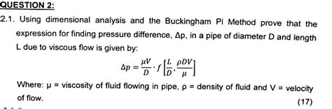 Solved 1 Using Dimensional Analysis And The Buckingham Pi