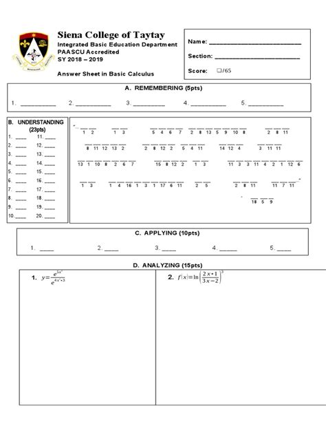Answer Sheets Pdf Mathematics Arithmetic