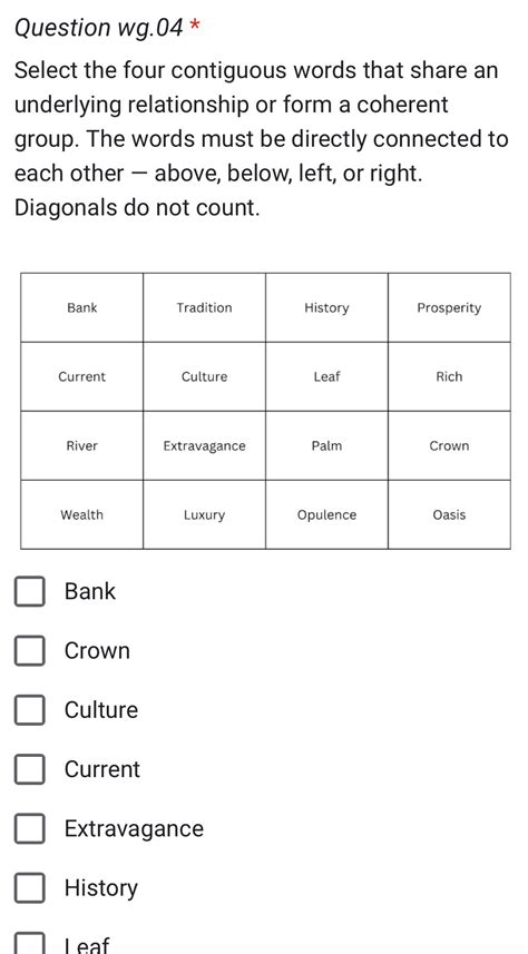 Solved Question Wg04 Select The Four Contiguous Words That Share An