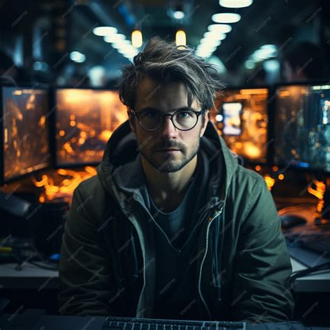 Premium Photo Portrait A Young Software Engineer Sitting At A Desk By