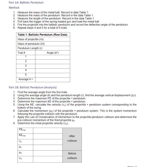 Solved Part 1a Ballistic Pendulum Method 1 Measure The