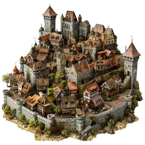 Detailed Model Of A Medieval European Town With Fortified Walls And