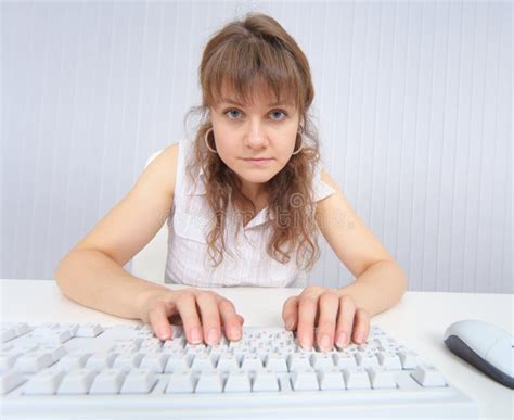Woman Sits In Front Of Monitor With The Keyboard Stock Photo Image Of Keyboard Babe