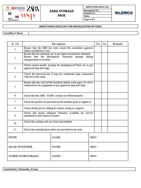 Inspection Check List For Installation Of Fahu Pdf