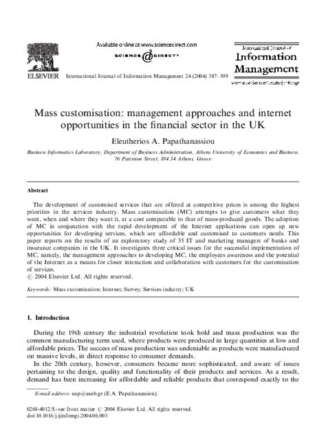 Pdf Mass Customisation Management Approaches And Internet