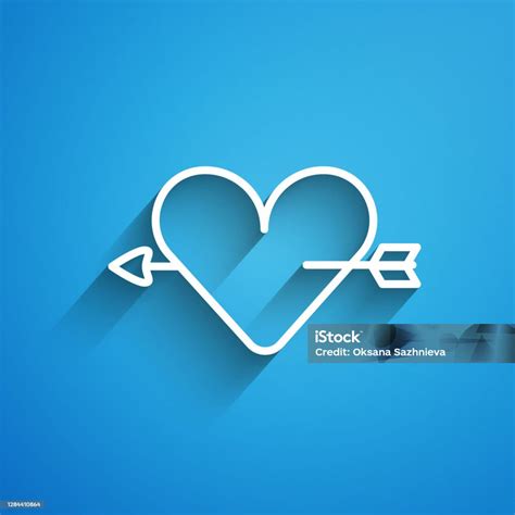 파란색 배경에 격리 된 하트와 화살표 아이콘흰색 라인 Amour 기호 사랑 기호 발렌타인 기호 긴 그림자 벡터 개념에 대한 스톡 벡터 아트 및 기타 이미지 Istock