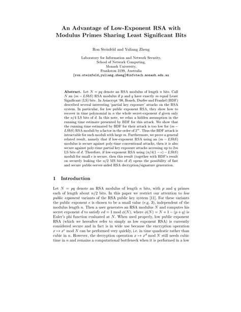 Pdf An Advantage Of Low Exponent Rsa With Modulus Primes Sharing Least Significant Bits