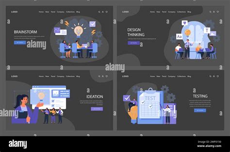 Design Thinking Dark Or Night Mode Web Layout Set From Brainstorm To Ideation And Testing