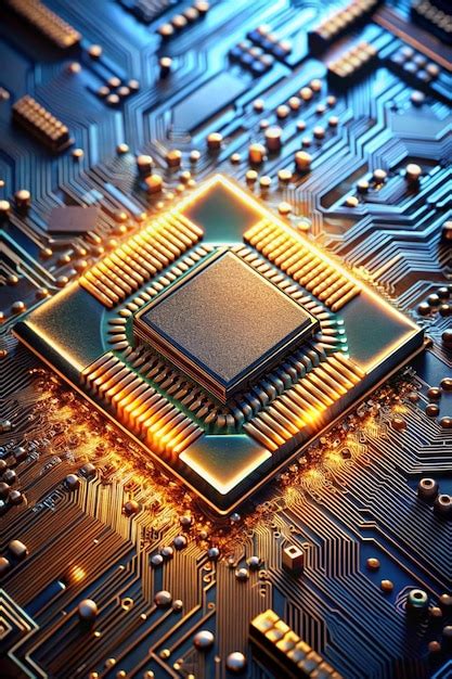 Hyperrealistic Photograph Of A Computer Microchip Surface Intricate Circuit Patterns And