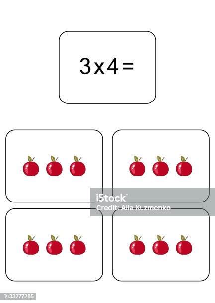 곱셈 표 3 예를 들어 그림이있는 수학 카드 곱셈 사각형 벡터 일러스트레이션 인쇄 된 제품 배너 어린이를위한 테이블 학생 학교 교육 논리적 과제 0명에 대한 스톡 벡터 아트