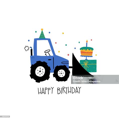 생일 모자 선물 케이크 및 글자 귀여운 만화 파란색 자동차 트랙터와 함께 손으로 그린 생일 축하 카드 벡터 일러스트 레이 션 포스터 티셔츠에 좋습니다 아기 소년 인사말 카드